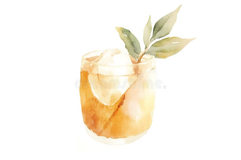 Watercolor Painting of Iced Tea with Leaf Garnish Stock Illustration ...