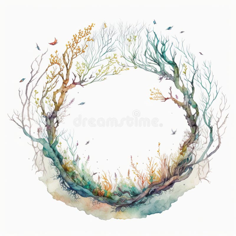 Watercolor Painting of Intricate Tree Root Arranged in Circular Pattern ...