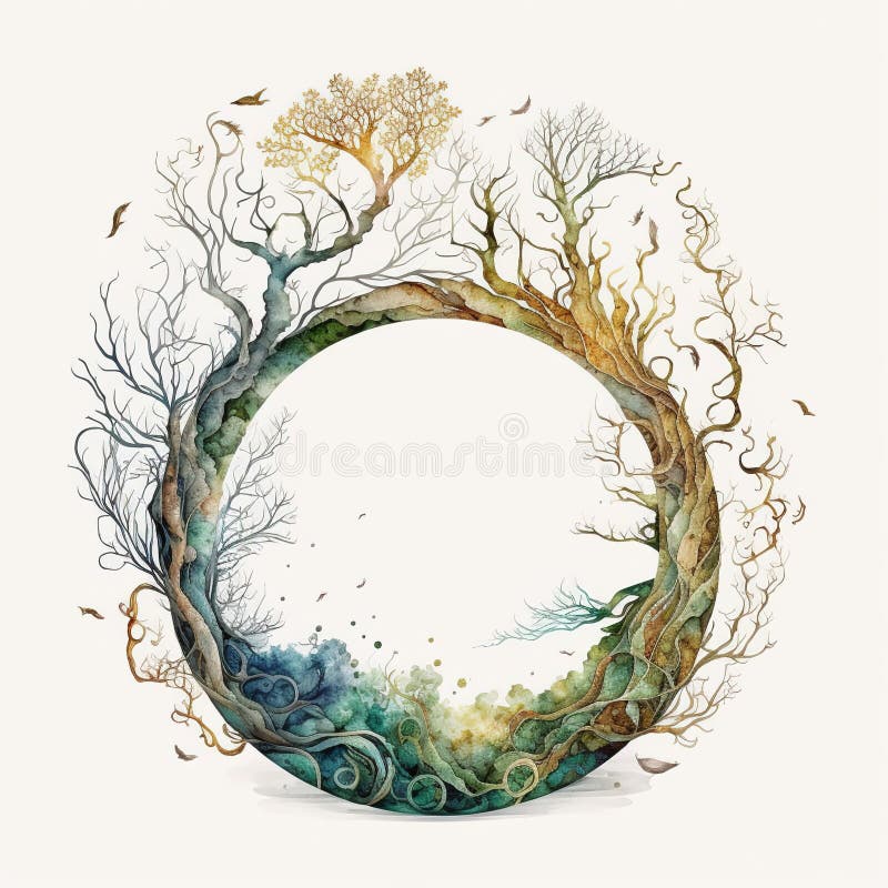 Watercolor Painting of Intricate Tree Root Arranged in Circular Pattern ...