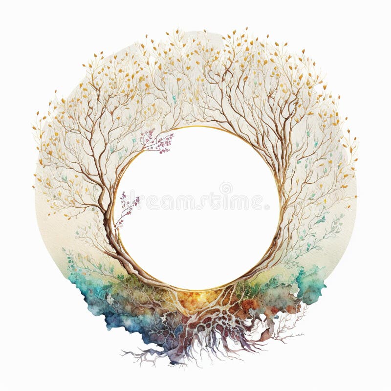 Watercolor Painting of Intricate Tree Root Arranged in Circular Pattern ...