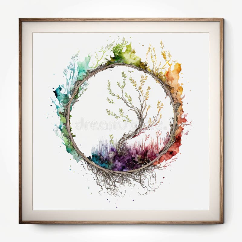 Watercolor Painting of Intricate Tree Root Arranged in Circular Pattern ...