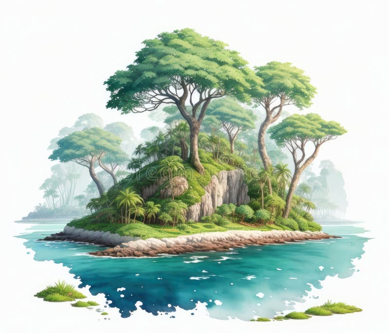 Watercolor Painting of an Island Forest in the Ocean Stock Illustration ...