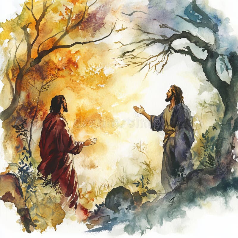 Watercolor Painting of Jesus and Jesus in the Forest Stock Illustration ...