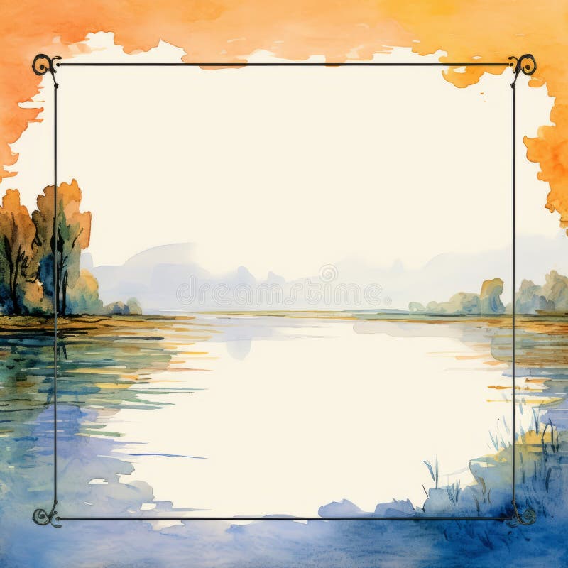A Watercolor Painting of a Lake with a Frame in the Middle Stock ...