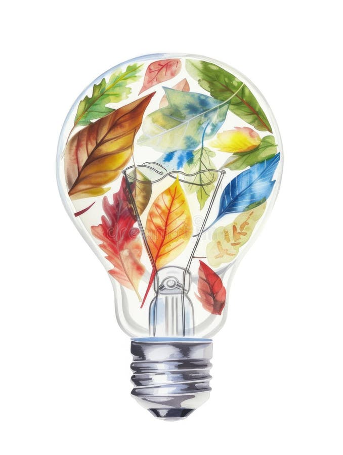 A Watercolor Painting of a Light Bulb Filled with Leaves Stock ...