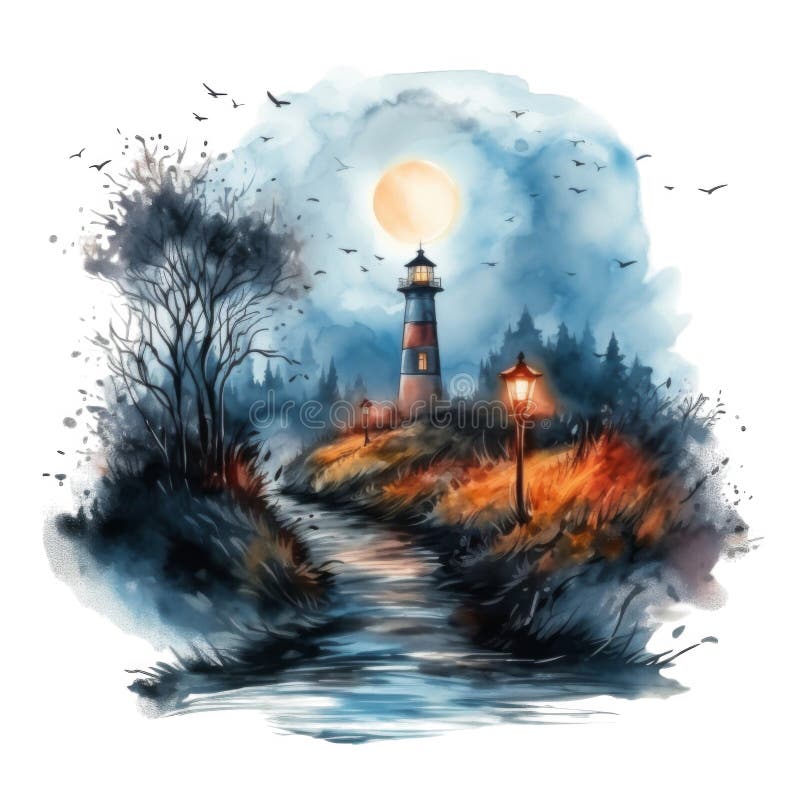 Watercolor Painting of a Lighthouse, Moon, and a Path Leading To it ...