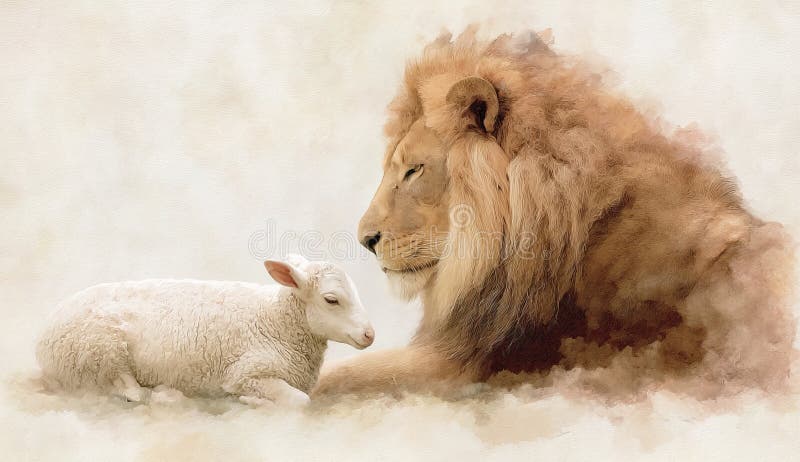 Watercolor Painting of Lion and Lamb. Generative AI. Stock Illustration ...