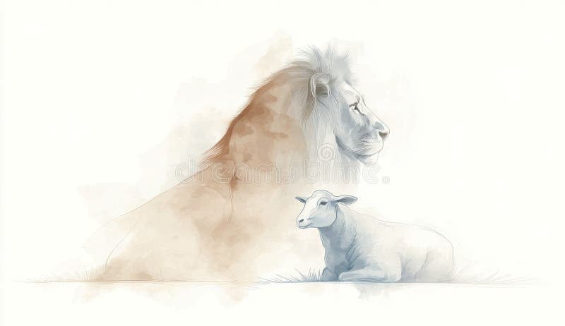 Watercolor Painting of Lion and Lamb. Generative AI. Stock Illustration ...