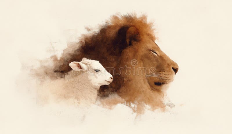 Watercolor Painting of Lion and Lamb. Generative AI. Stock Illustration ...