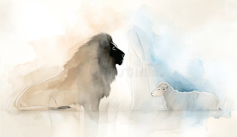 Watercolor Painting of Lion and Lamb. Generative AI. Stock Illustration ...