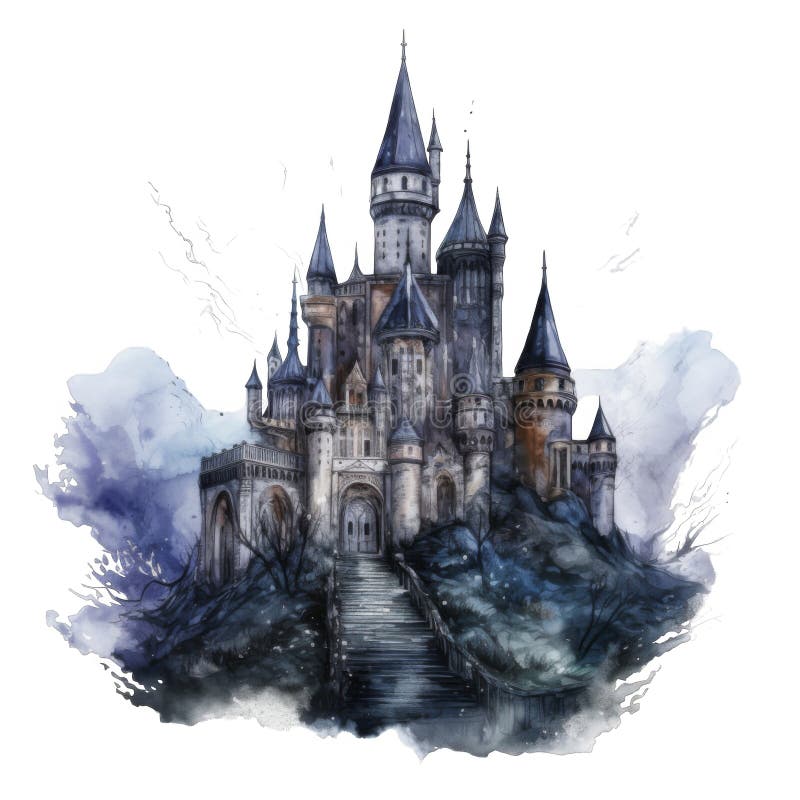 Watercolor Painting of a Majestic Stone Castle on a Hillside Stock ...