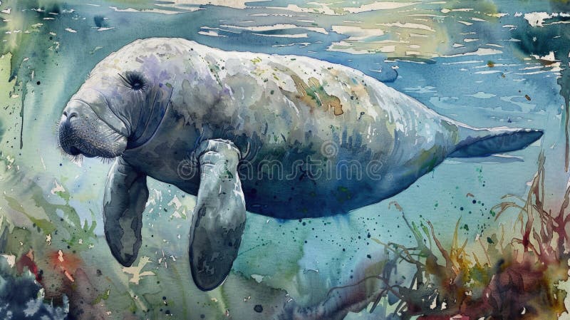 Watercolor Painting of a Manatee Stock Illustration - Illustration of ...