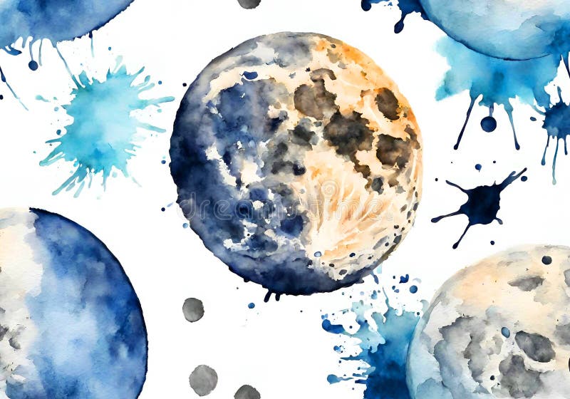 Watercolor Painting of the Moon and the Deep Blue Sky. Stock ...