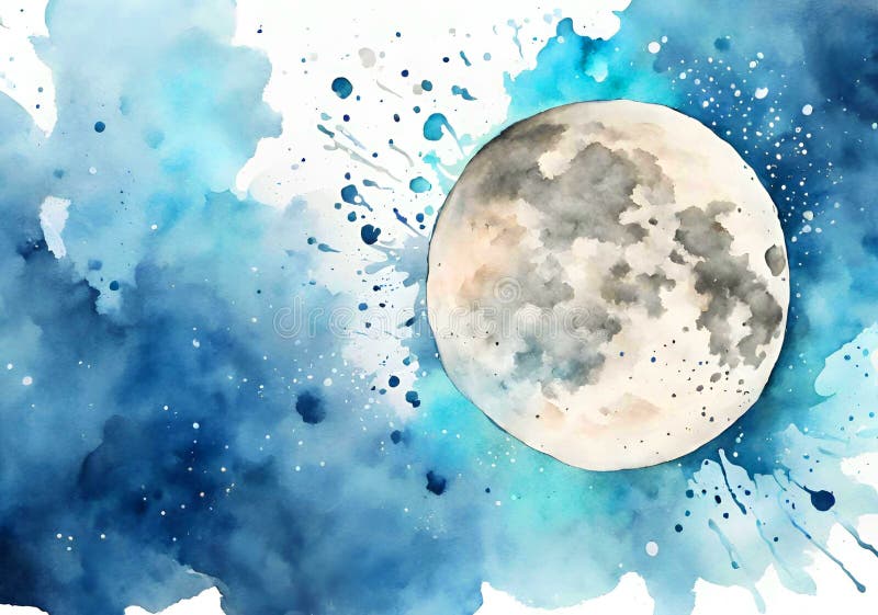 Watercolor Painting of the Moon and the Deep Blue Sky. Stock ...