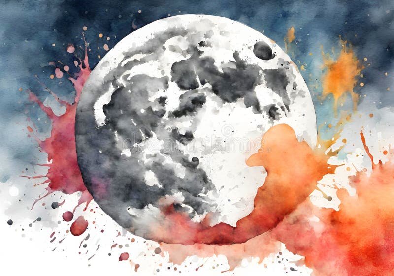 Watercolor Painting of the Moon and the Deep Sky. Stock Illustration ...