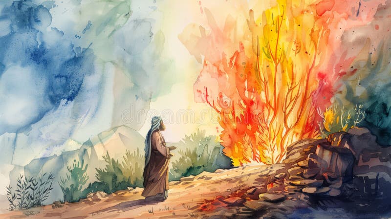 Watercolor Painting of Moses in Front of the Burning Bush Stock ...