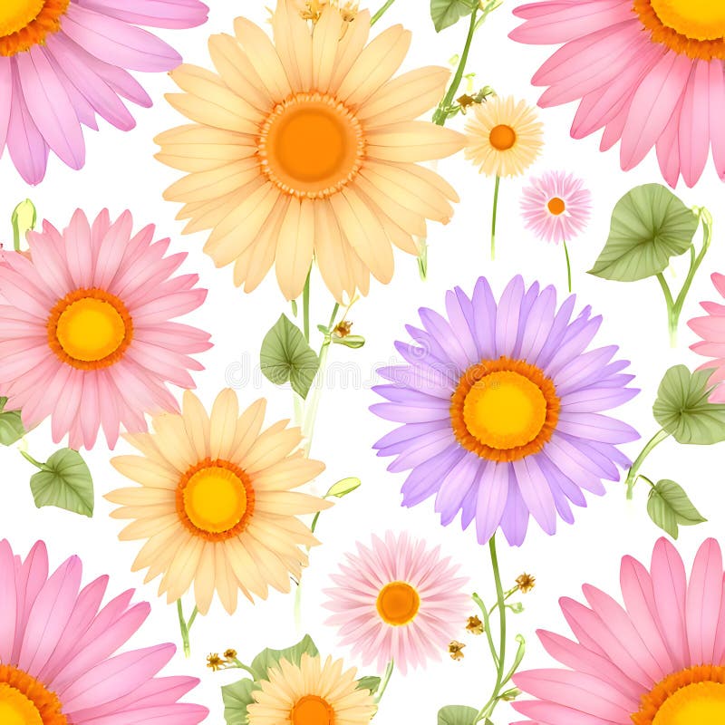 Watercolor Painting of Multi-colored Daisy Flowers in a Pattern Stock ...