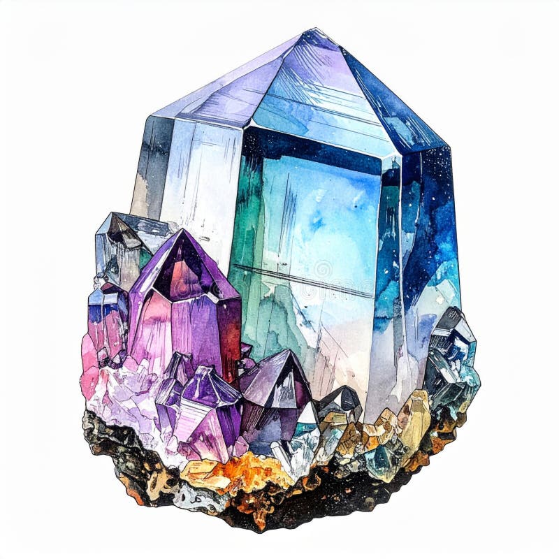 Watercolor Painting of Multicolored Crystal Gemstone Stock Photo ...