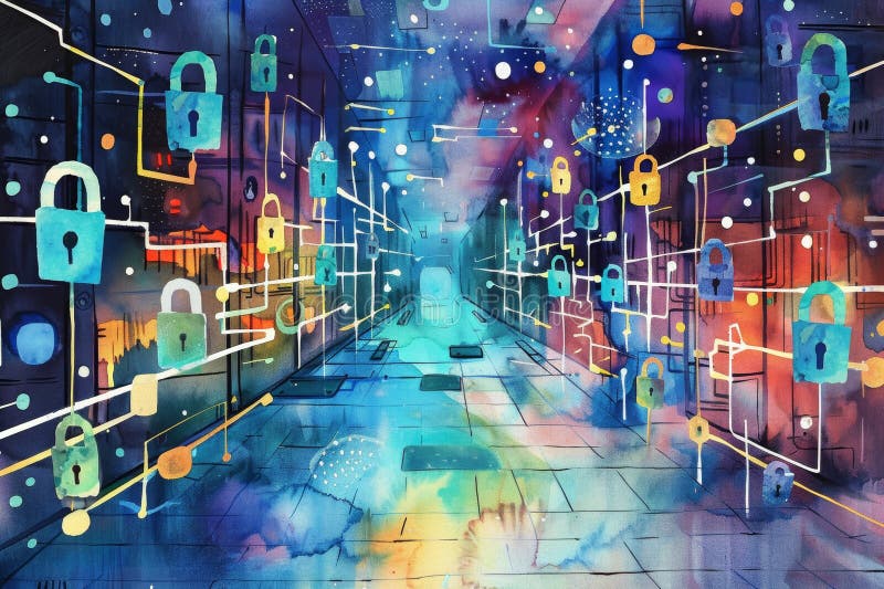 Watercolor Painting of Network Security Measures. Stock Illustration ...