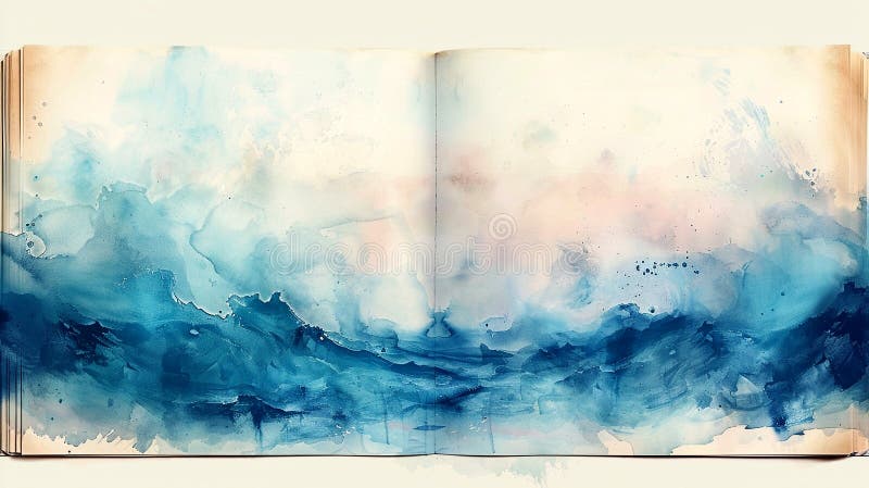 Open Book with Watercolor Painting of Ocean Waves Stock Illustration ...