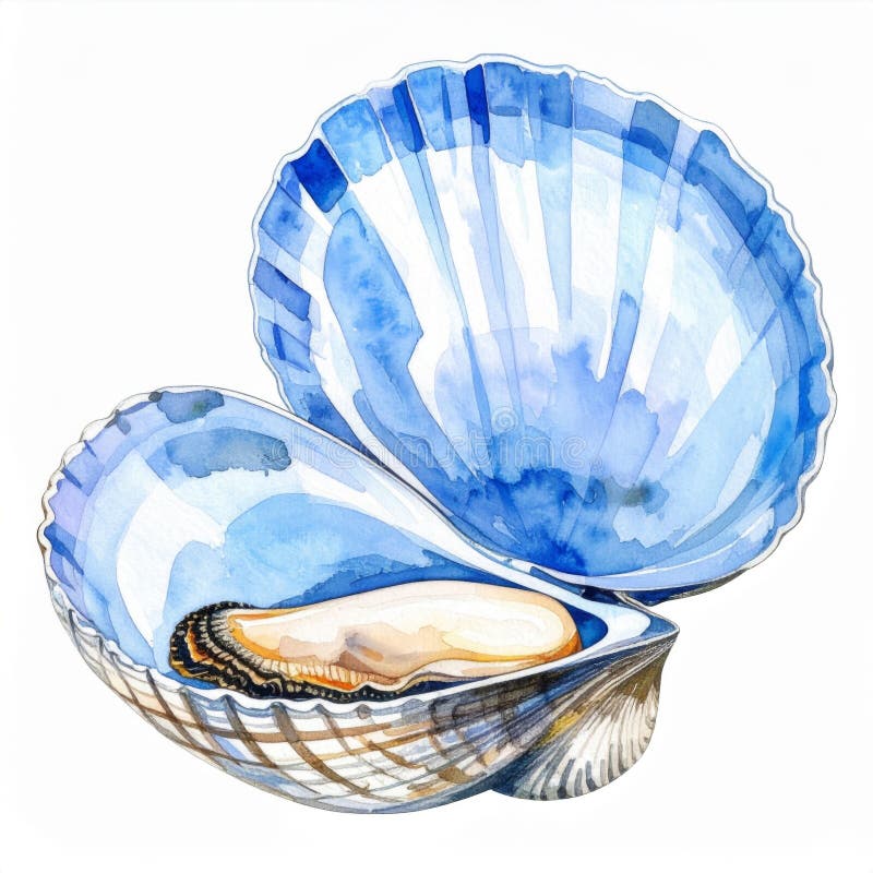 Watercolor Painting of an Opened Blue Seashell Stock Illustration ...