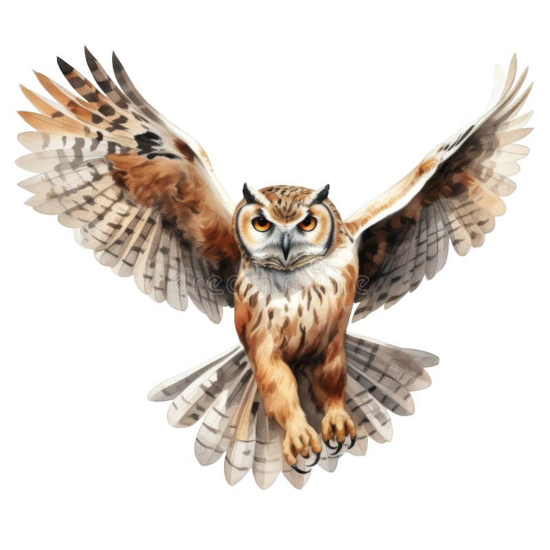 A Watercolor Painting of an Owl in Flight with Spread Wings Stock Photo ...
