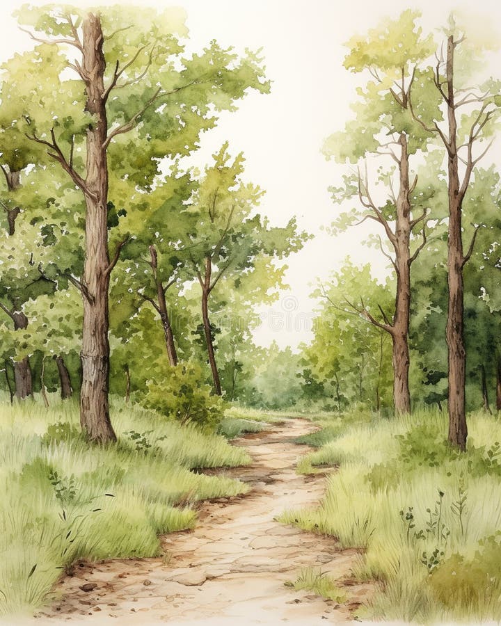 Watercolor Painting with Path through Woods. Generative AI. Stock ...