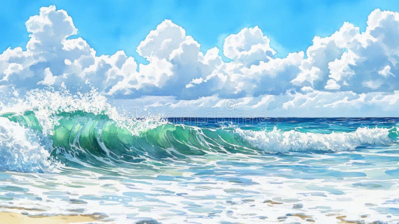 Watercolor Painting of Peaceful Ocean Waves Beneath an Unclouded Sky ...