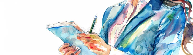 Watercolor Painting of Person Writing Notes Stock Illustration ...