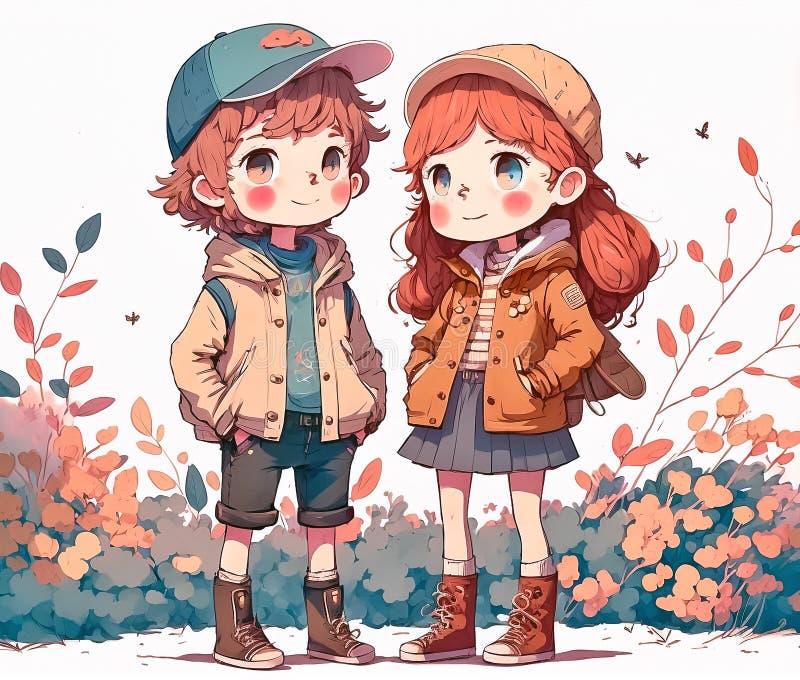 Watercolor Painting, Portrait of Two Schoolkids, Anime Characters, Boy ... Watercolor Painting, Portrait of Two Schoolkids, Anime Characters, Boy ...
