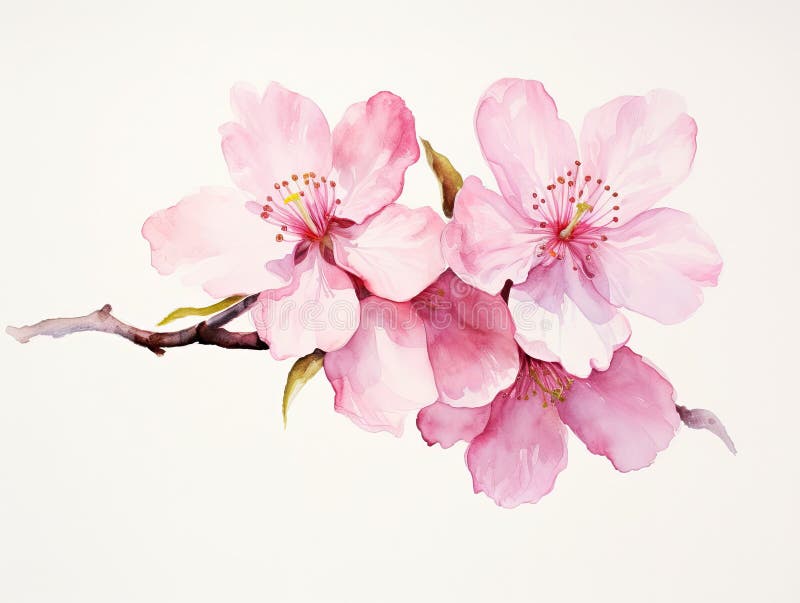 Watercolor Painting on Pristine White Spring Cherry Blossom Stock ...