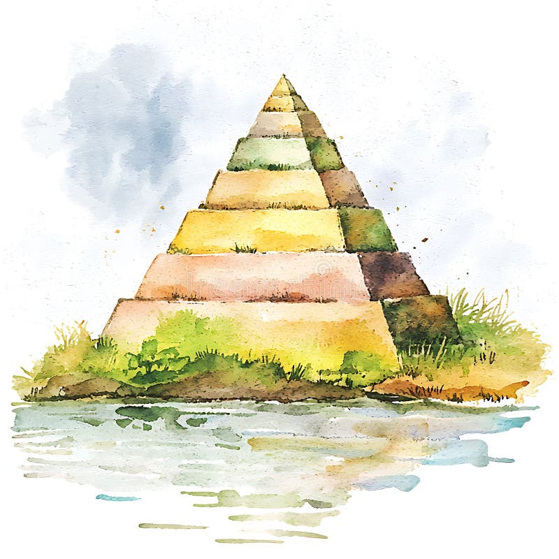 Watercolor Painting of a Pyramid Structure Reflecting in Water Stock ...
