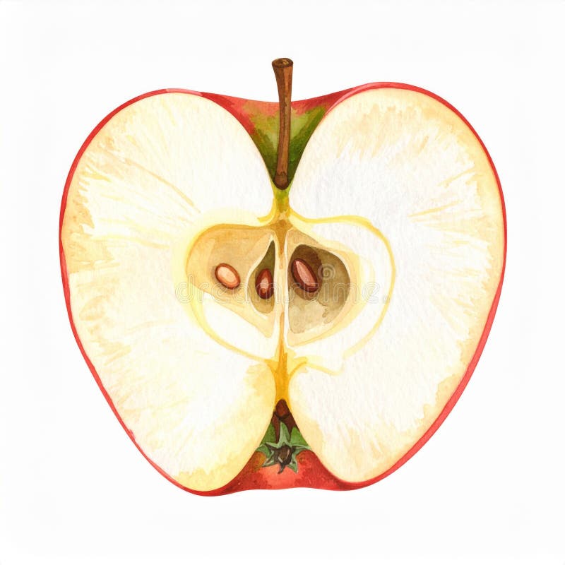 Watercolor Painting of a Red Apple Cross Section Stock Illustration ...
