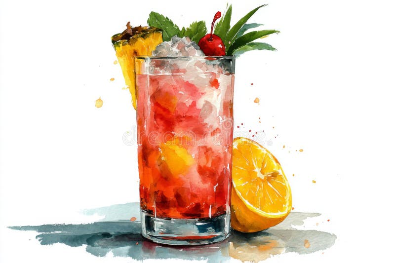 Watercolor Painting of a Red Tropical Cocktail Stock Illustration ...