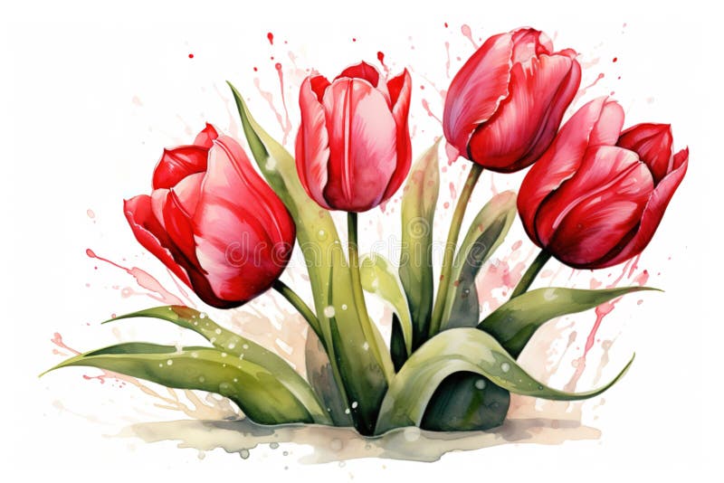 Watercolor Painting of Red Tulips. Spring Illustration Stock ...