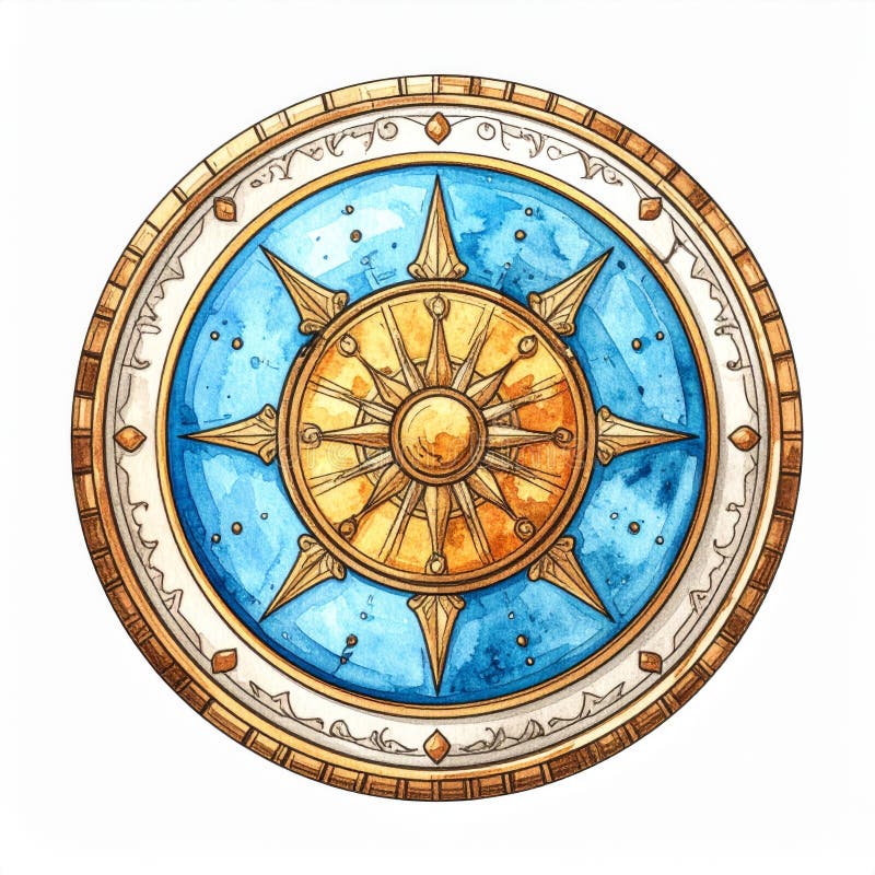 Watercolor Painting of a Round Gold and Blue Shield Stock Illustration ...