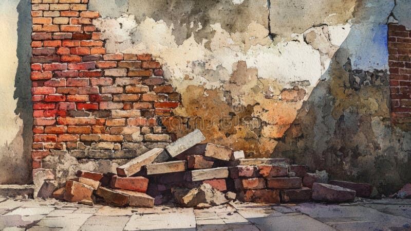 Watercolor Painting of a Ruined Brick Wall Stock Illustration ...