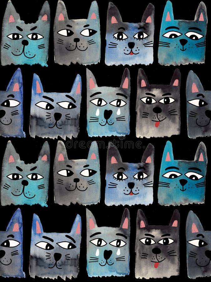 Watercolor Painting Seamless Pattern with Cats Faces. Stock ...