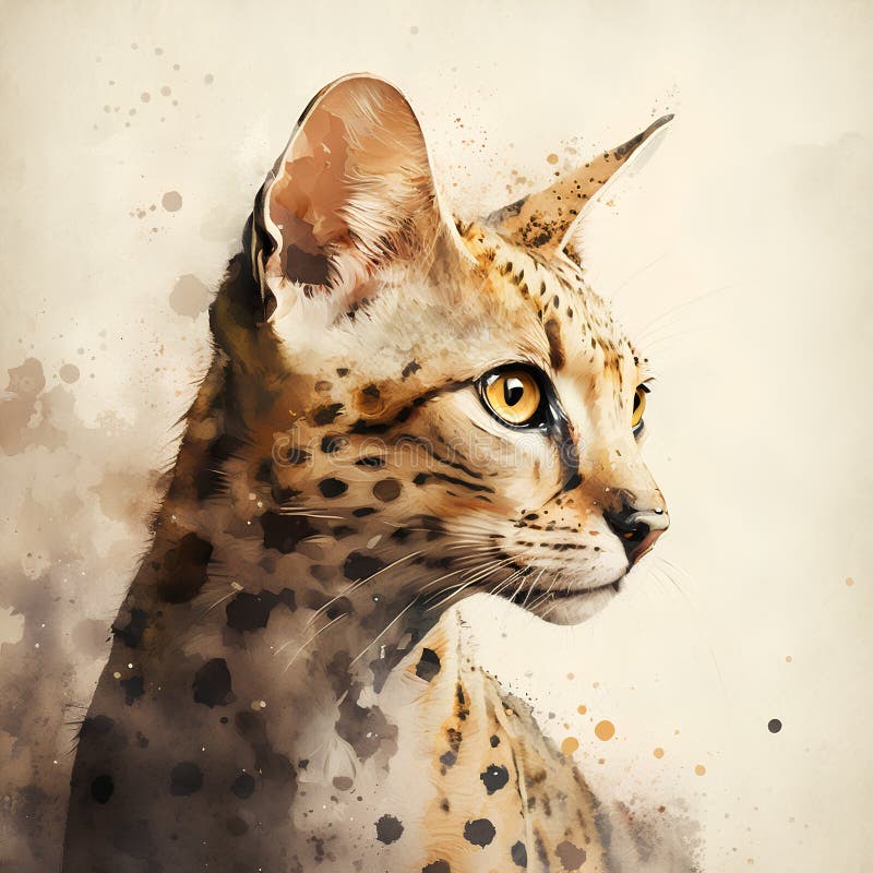 Watercolor Painting of a Serval Cat. Digital Painting Illustration ...