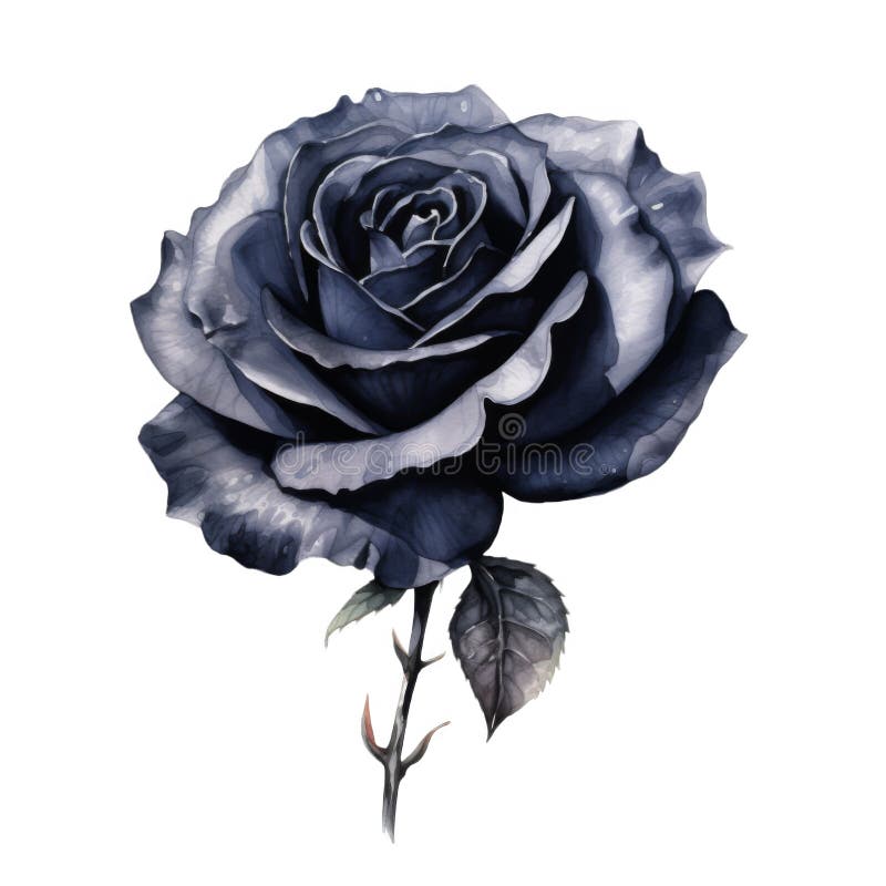 Watercolor Painting of a Single Dark Blue Rose with Stem and Leaf Stock ...