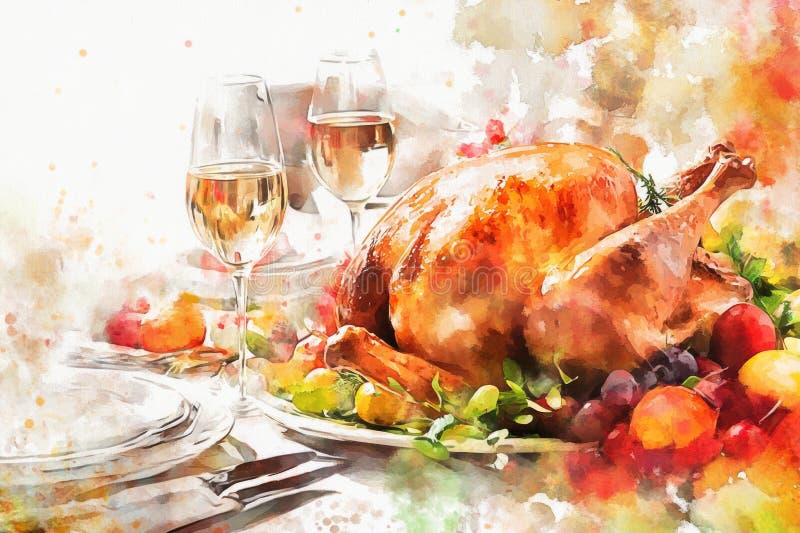 A Watercolor Painting of a Single Turkey Sitting on a Table, Surrounded ...