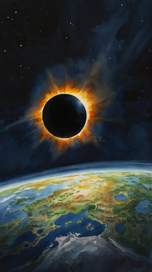 Watercolor Painting: a Solar Eclipse Casting a Shadow Across the Earth ...