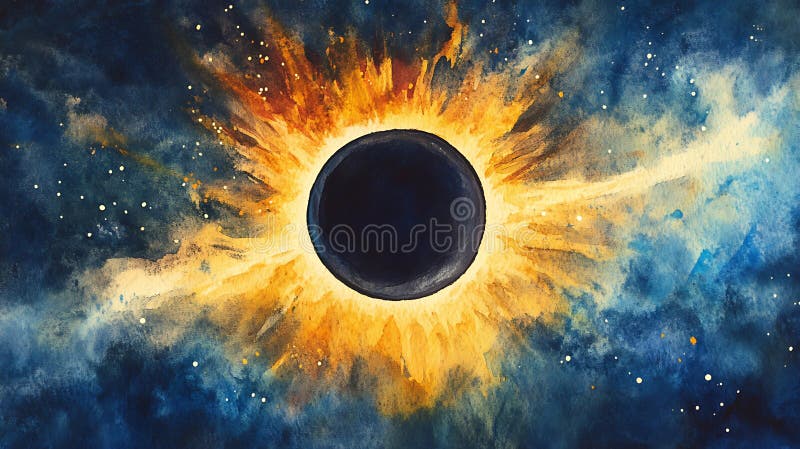 Watercolor Painting of a Solar Eclipse in Space Stock Illustration ...