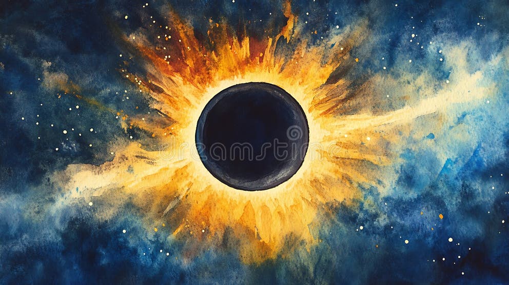 Watercolor Painting of a Solar Eclipse in Space Stock Illustration ...