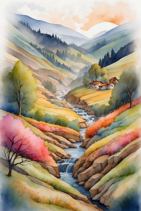 Watercolor Painting of a Spring Landscape with River and Hills Stock ...
