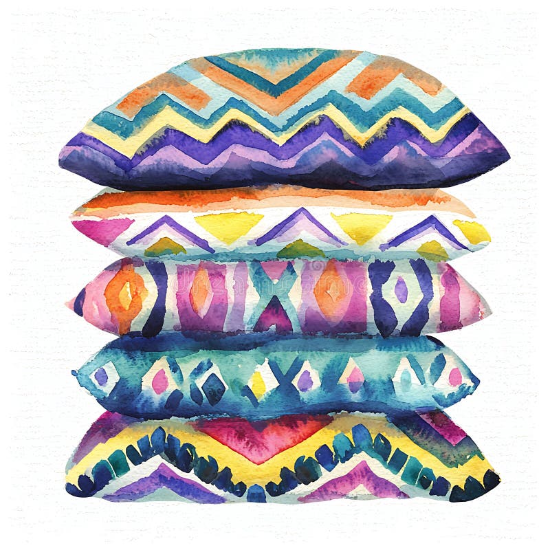 Watercolor Painting of a Stack of Five Colorful Pillows with Vibrant ...