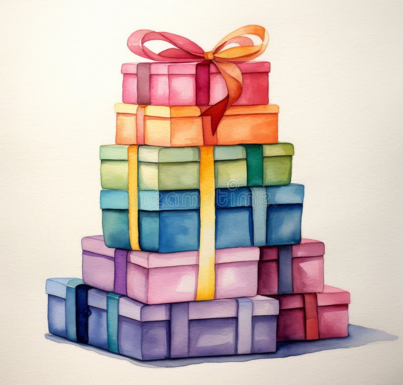 A Watercolor Painting of a Stack of Gift Boxes Stock Image - Image of ...
