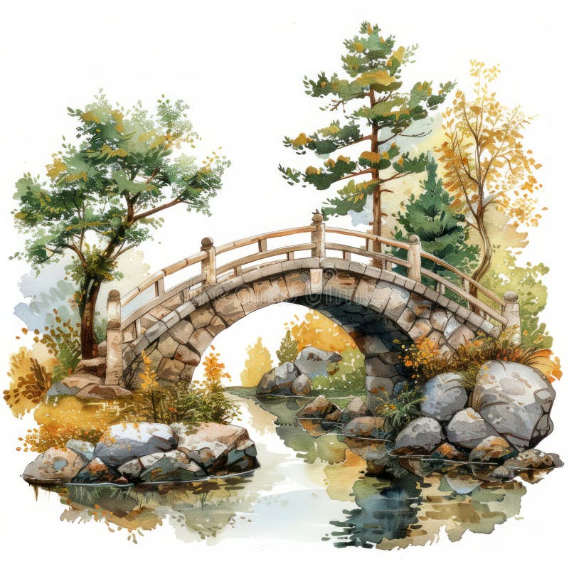 Watercolor Painting of a Stone Bridge Over a Stream, Surrounded by ...