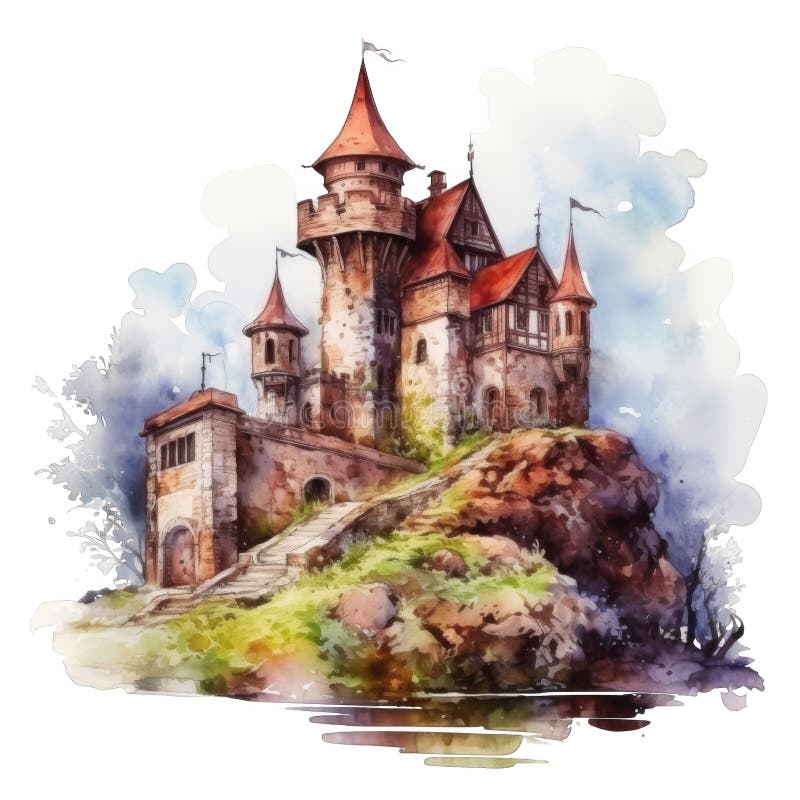 Watercolor Painting of a Stone Castle on a Cliffside Stock Image ...