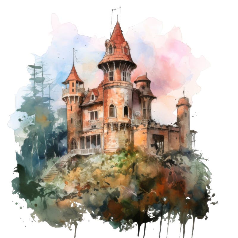 Watercolor Painting of a Stone Castle in a Forest Stock Image ...